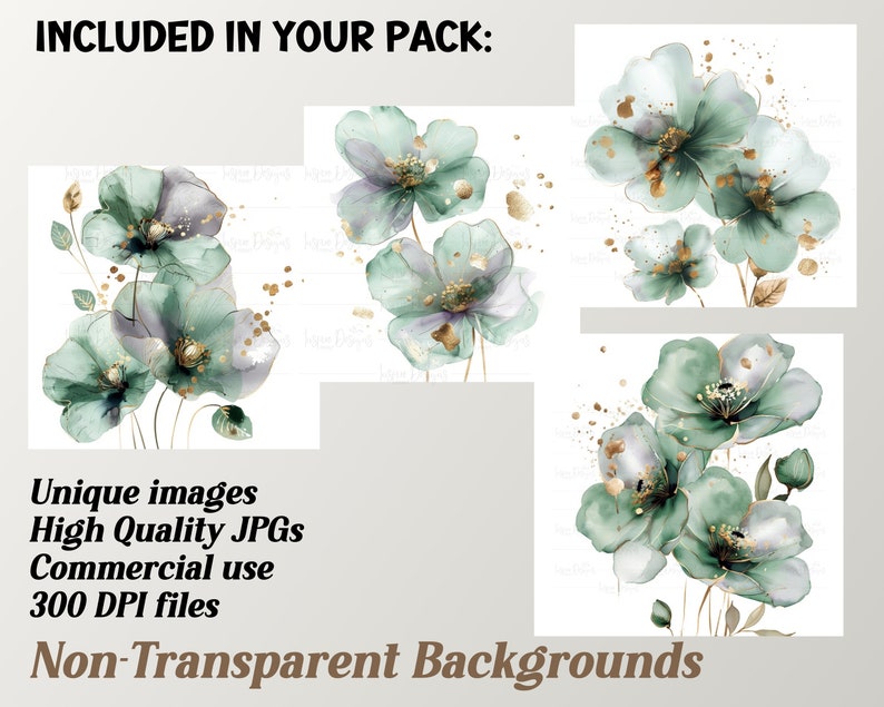 16 Abstract Flowers Green & Gold Watercolor Clipart, Floral Digital ...