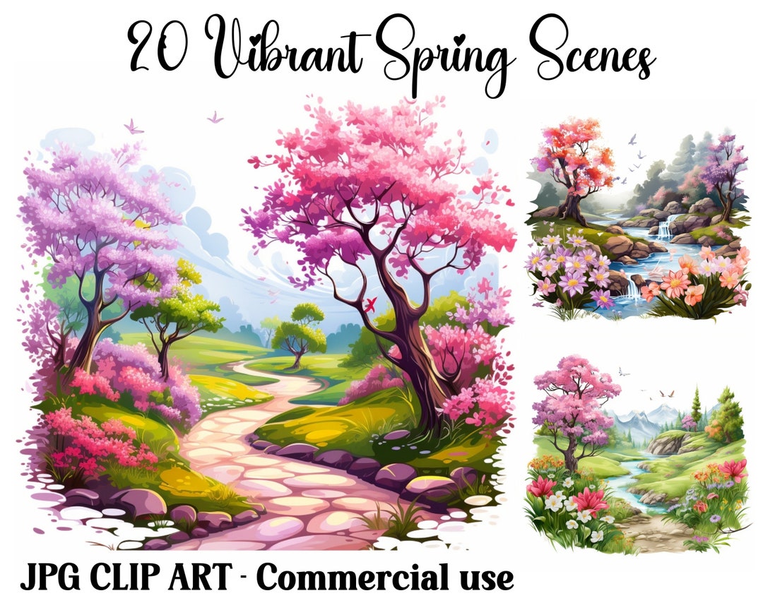 Vibrant Spring Scenes Watercolor Clipart, Digital & Paper Craft ...