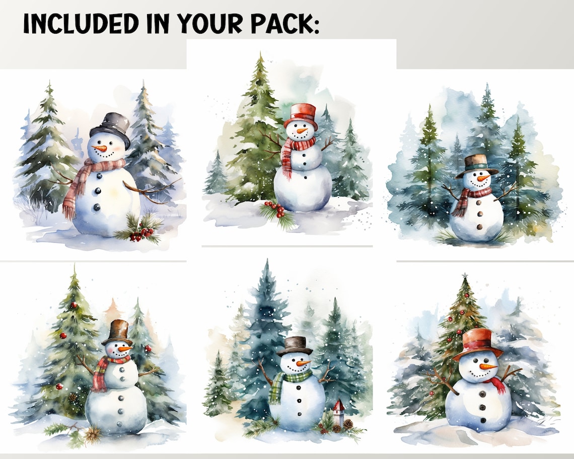 Christmas Snowmen Winter Scenes Watercolor Clipart, Digital & Paper ...