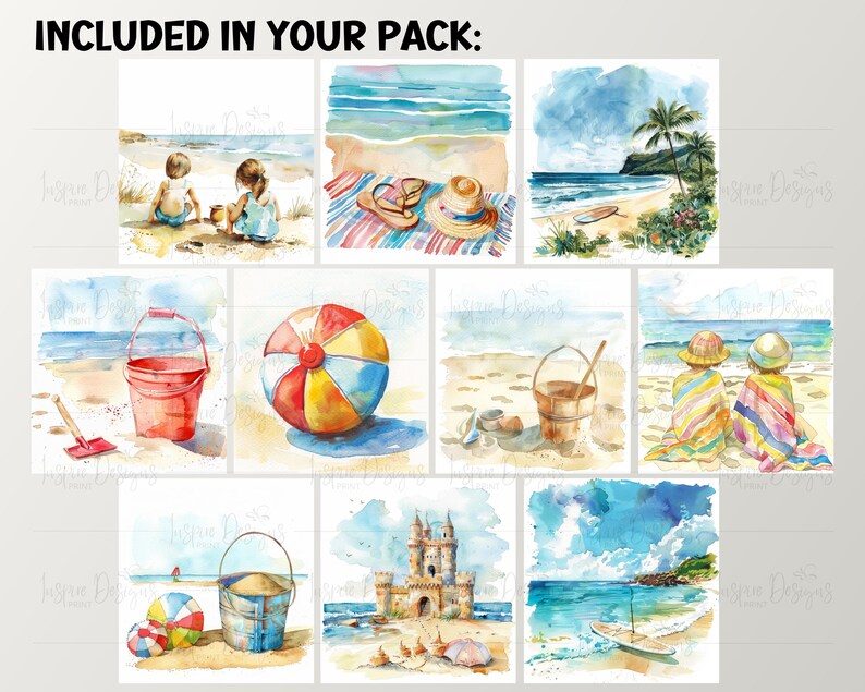 Beach Vacations Watercolor Clipart Scenes, Digital & Paper Crafts ...