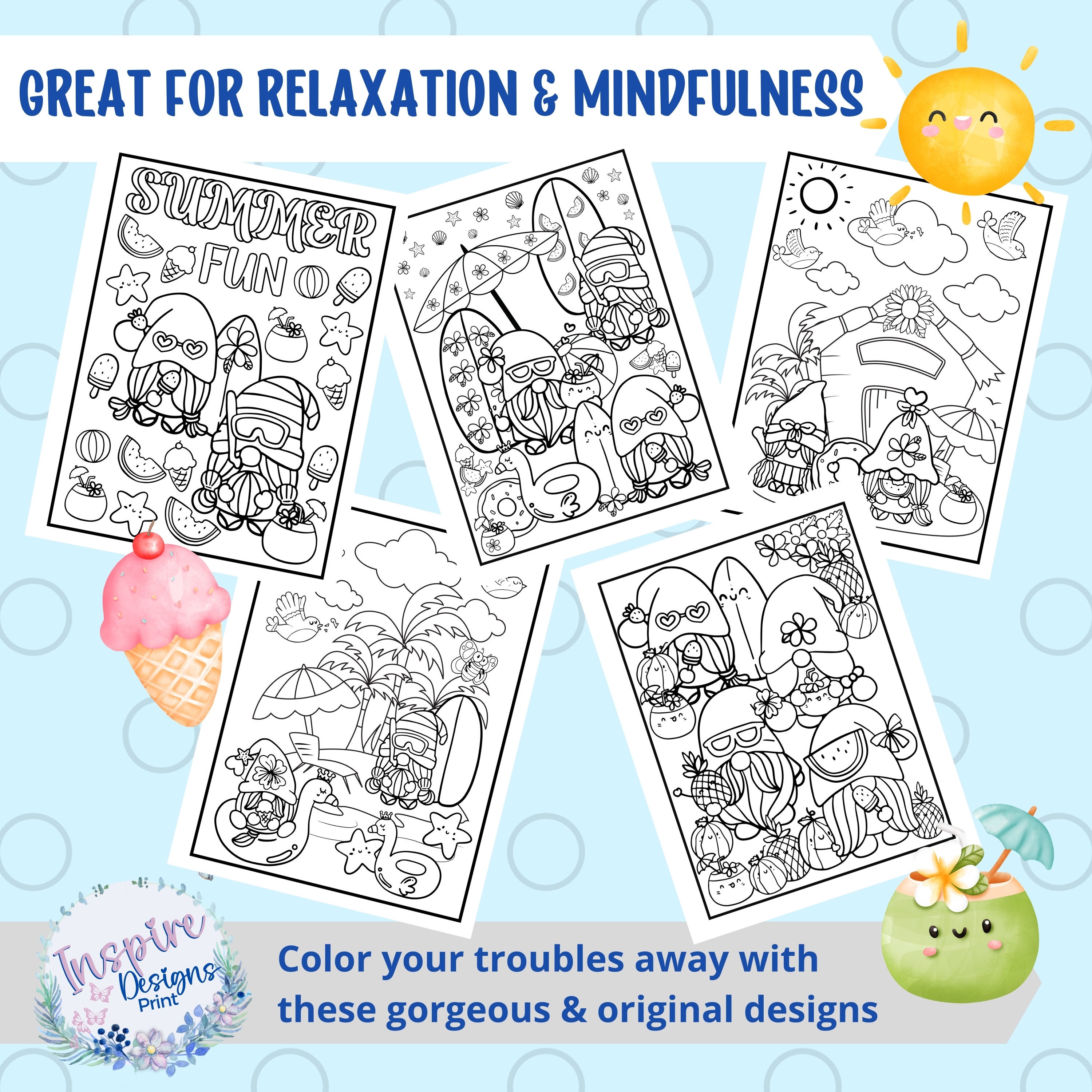 13 GNOME SUMMER Coloring Pages Printable Original Activity Pages for ...