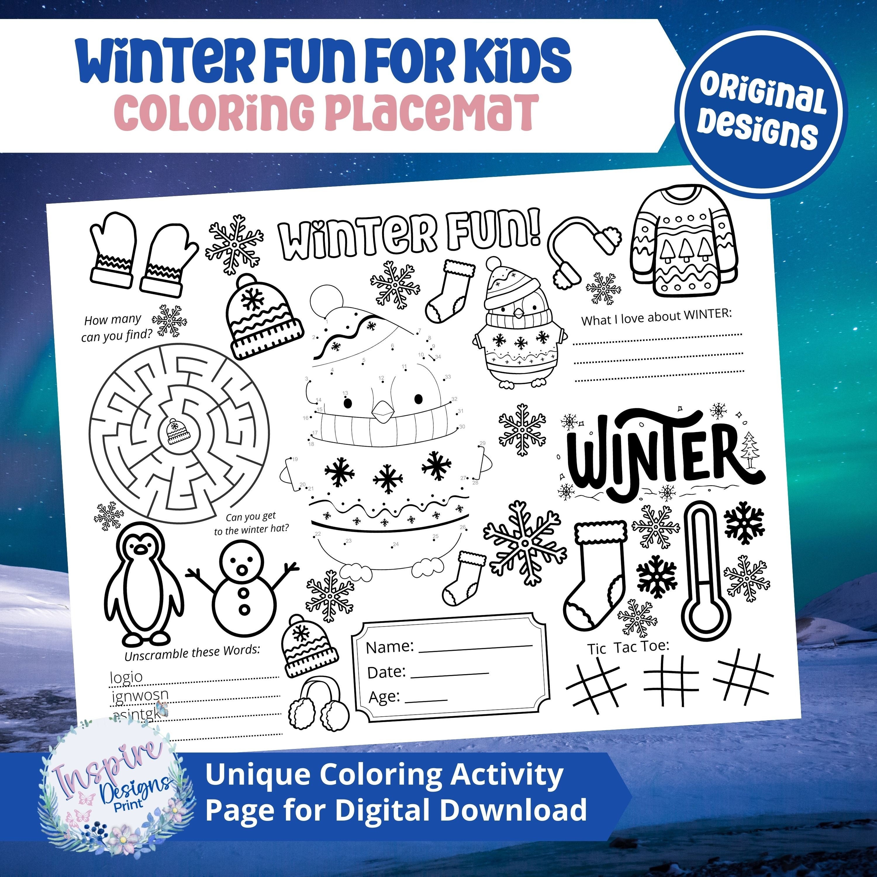 WINTER Fun - Printable Coloring Placemat for Kids - Season Activity ...