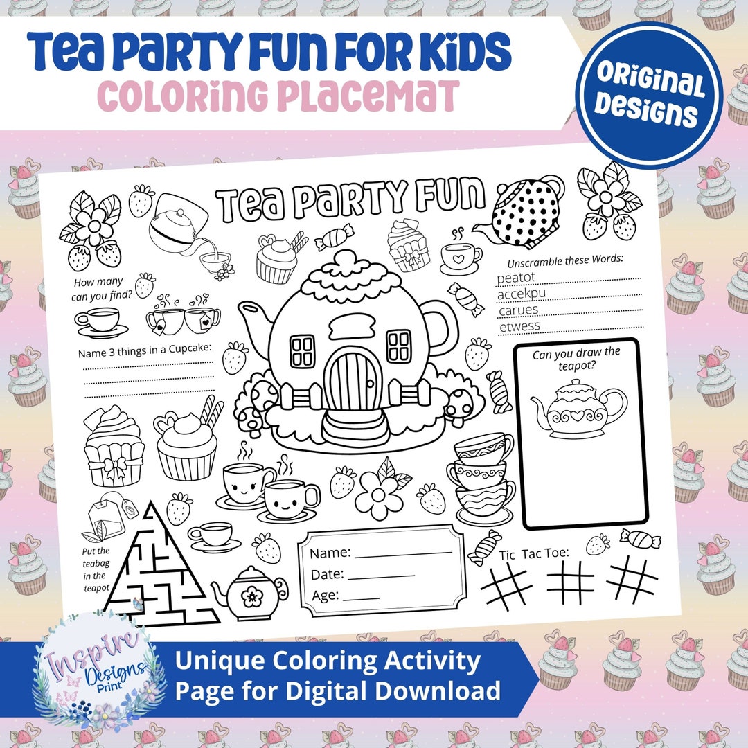 Tea Party Fun - Printable Coloring Placement for Kids - Activity Table ...