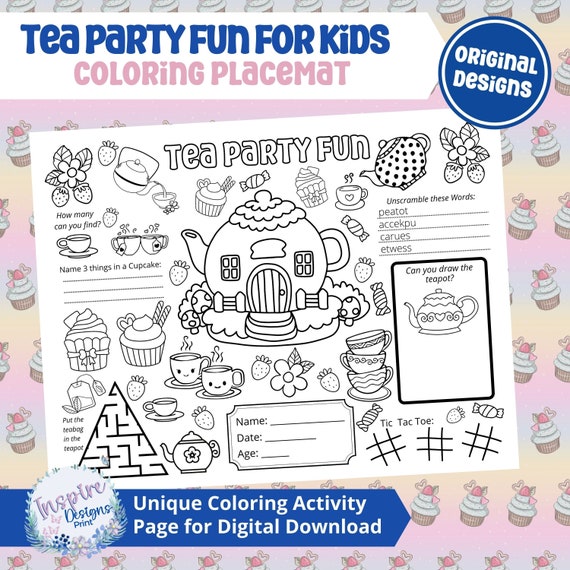 Tea Party Fun Printable Coloring Placement for Kids | Etsy