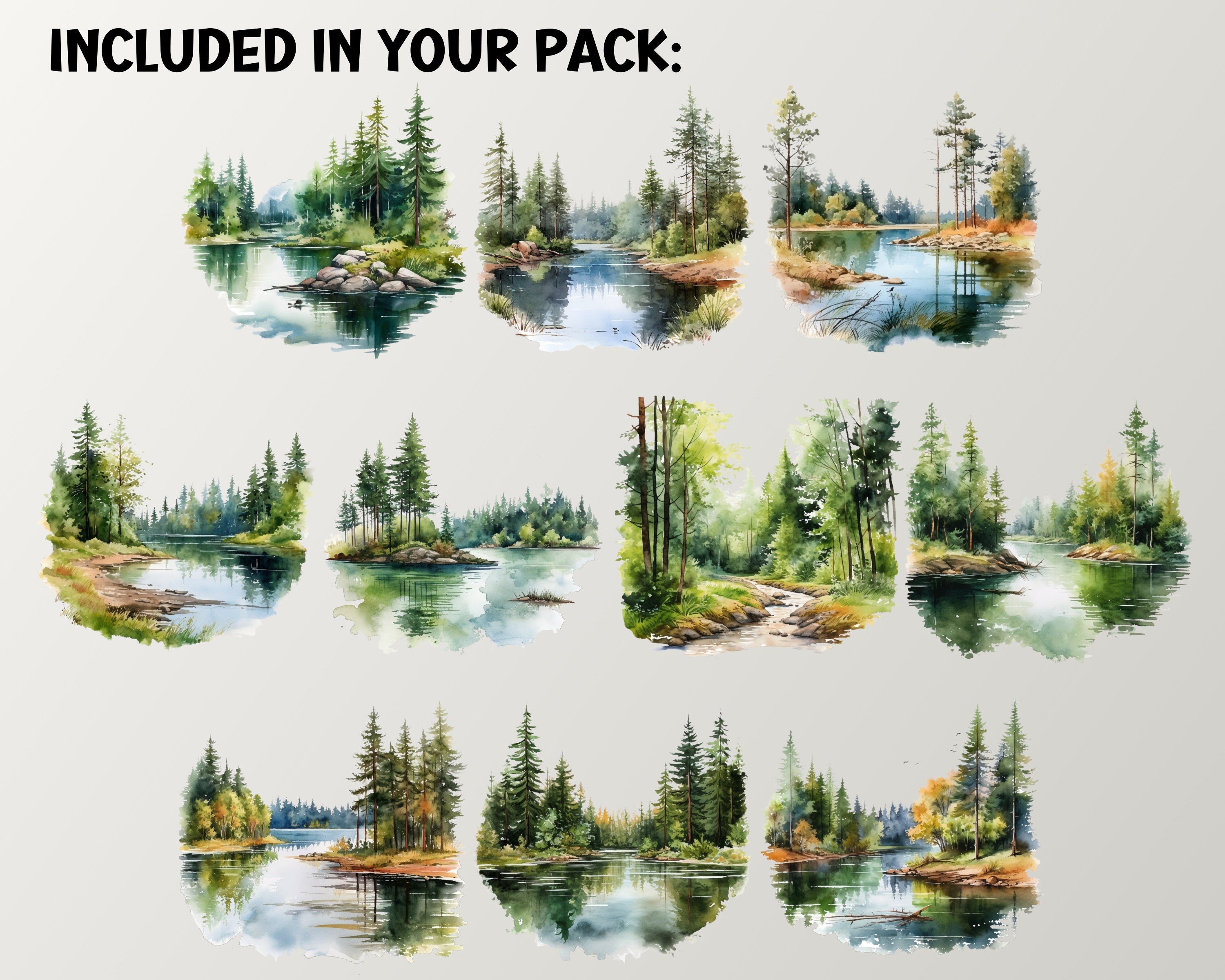 Forest River Scenes Watercolor Lake Landscape Sublimation Clipart ...