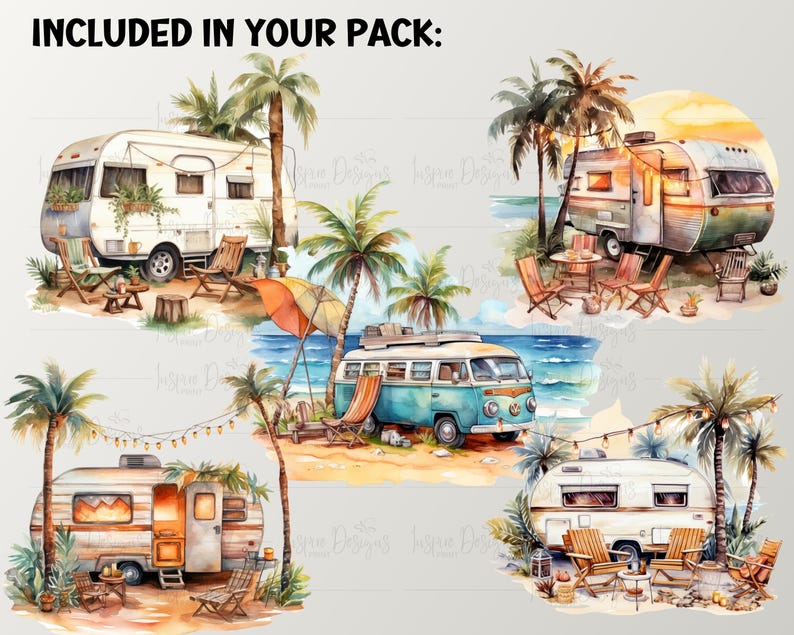 Watercolor Clipart Beach Caravan Scenes Digital Camping Trailor ...