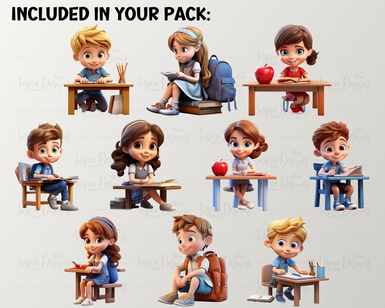 3D Style Back to School Clipart Set2, Commercial Use Children People ...