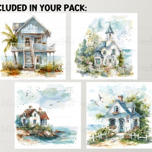 Seaside Cottages Watercolor Clipart Scenes, Coastal Ocean Houses ...