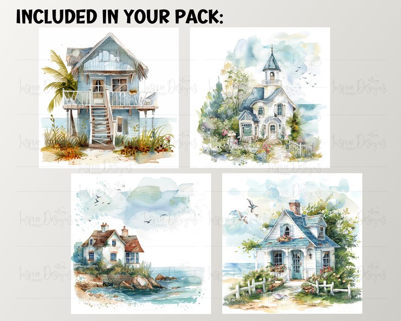 Seaside Cottages Watercolor Clipart Scenes, Coastal Ocean Houses ...