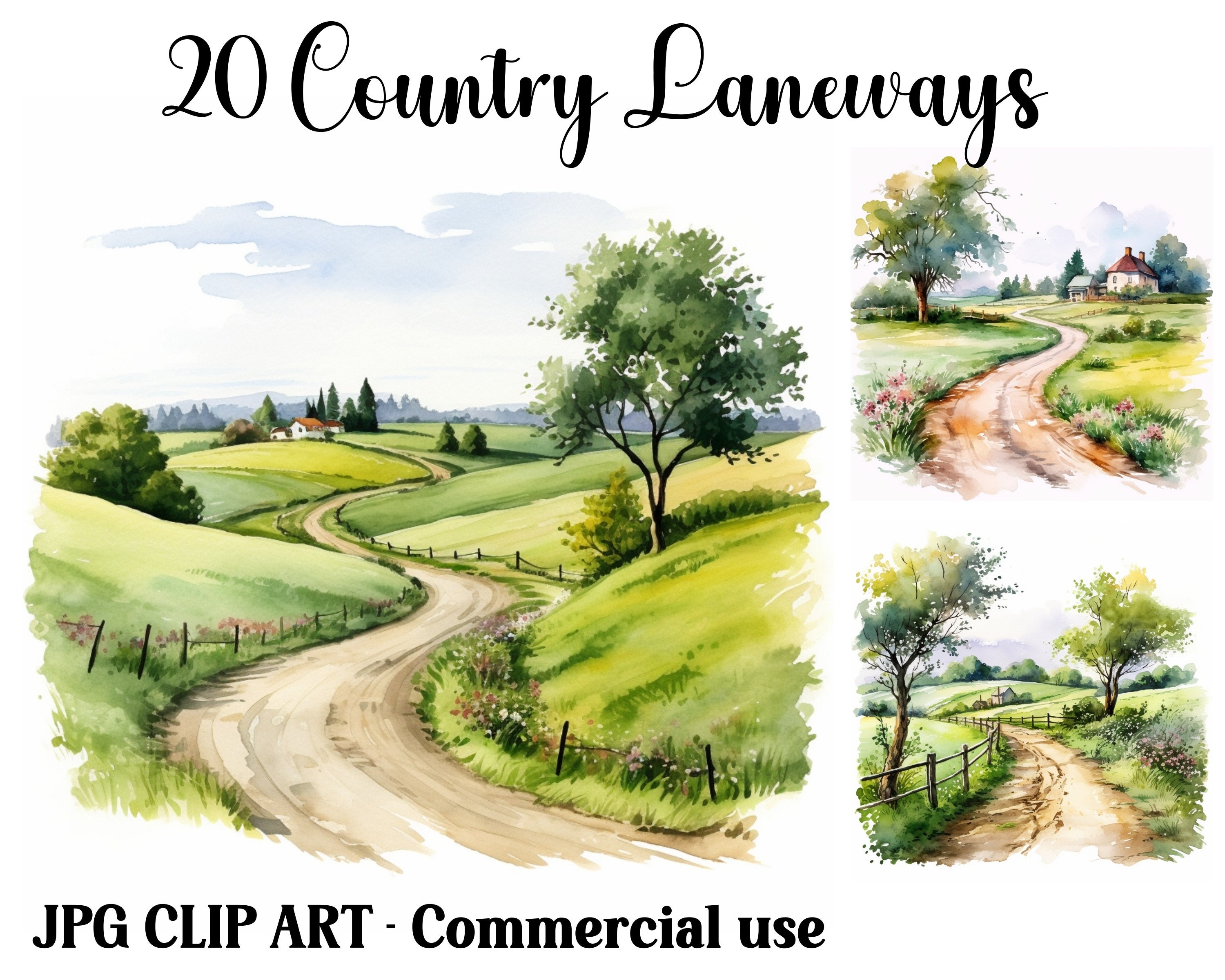 Country Laneways Watercolor Clipart Scenes, Digital & Paper Craft ...