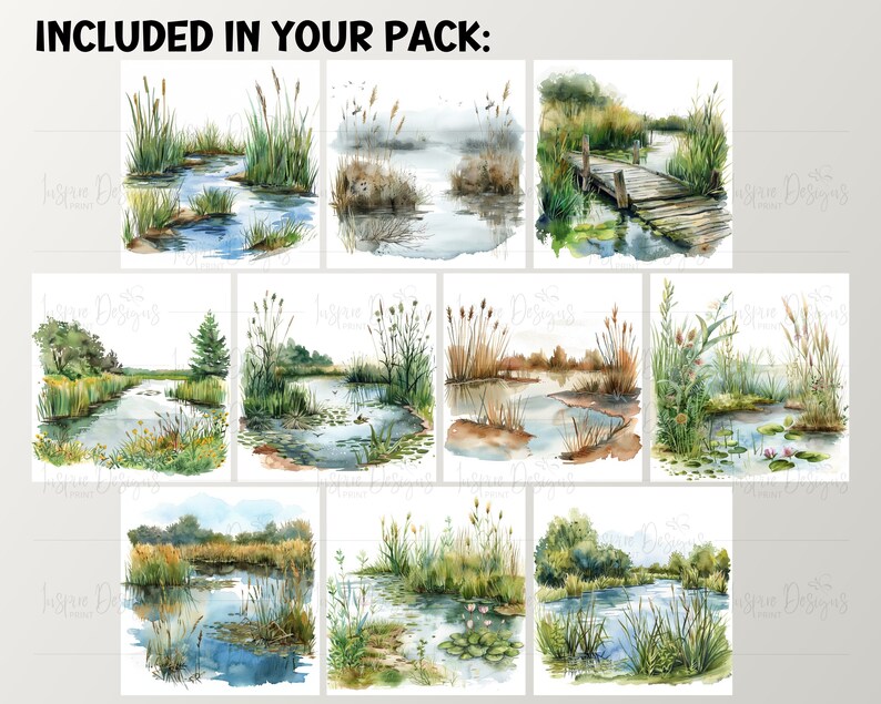 Watercolor Wetlands Grass Swamp Clipart Scenes, Fantasy Nature Digital ...