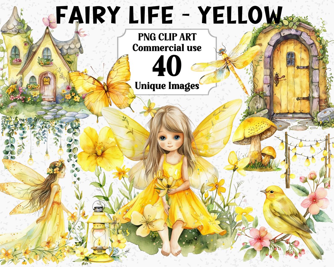 Fairy Life Yellow Watercolor Clipart, Digital Craft Instant Download ...