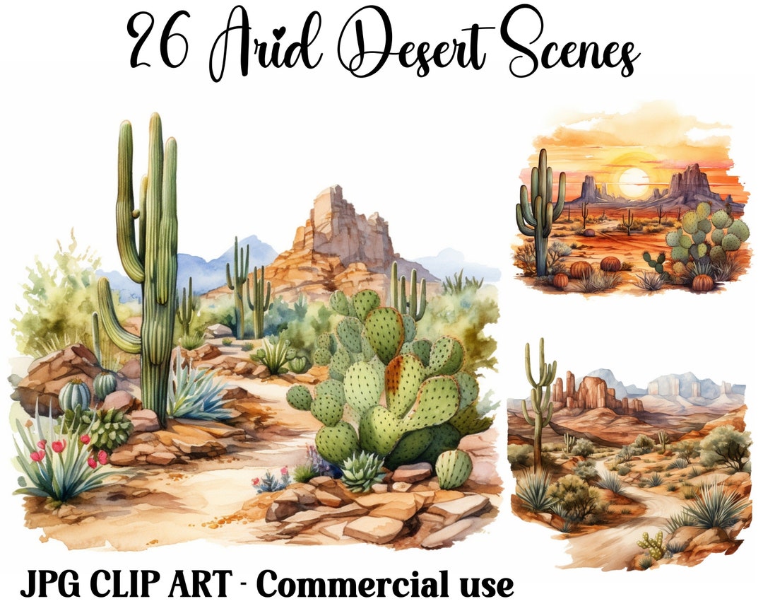 Arid Desert Scenes Watercolor Cactus Clipart, Digital Craft, Instant ...