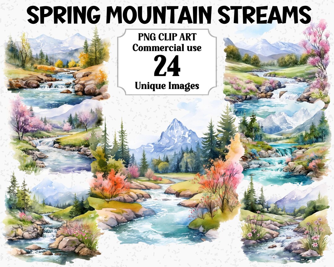 Spring Mountain Streams Clipart Watercolor Nature Landscape Scenes ...