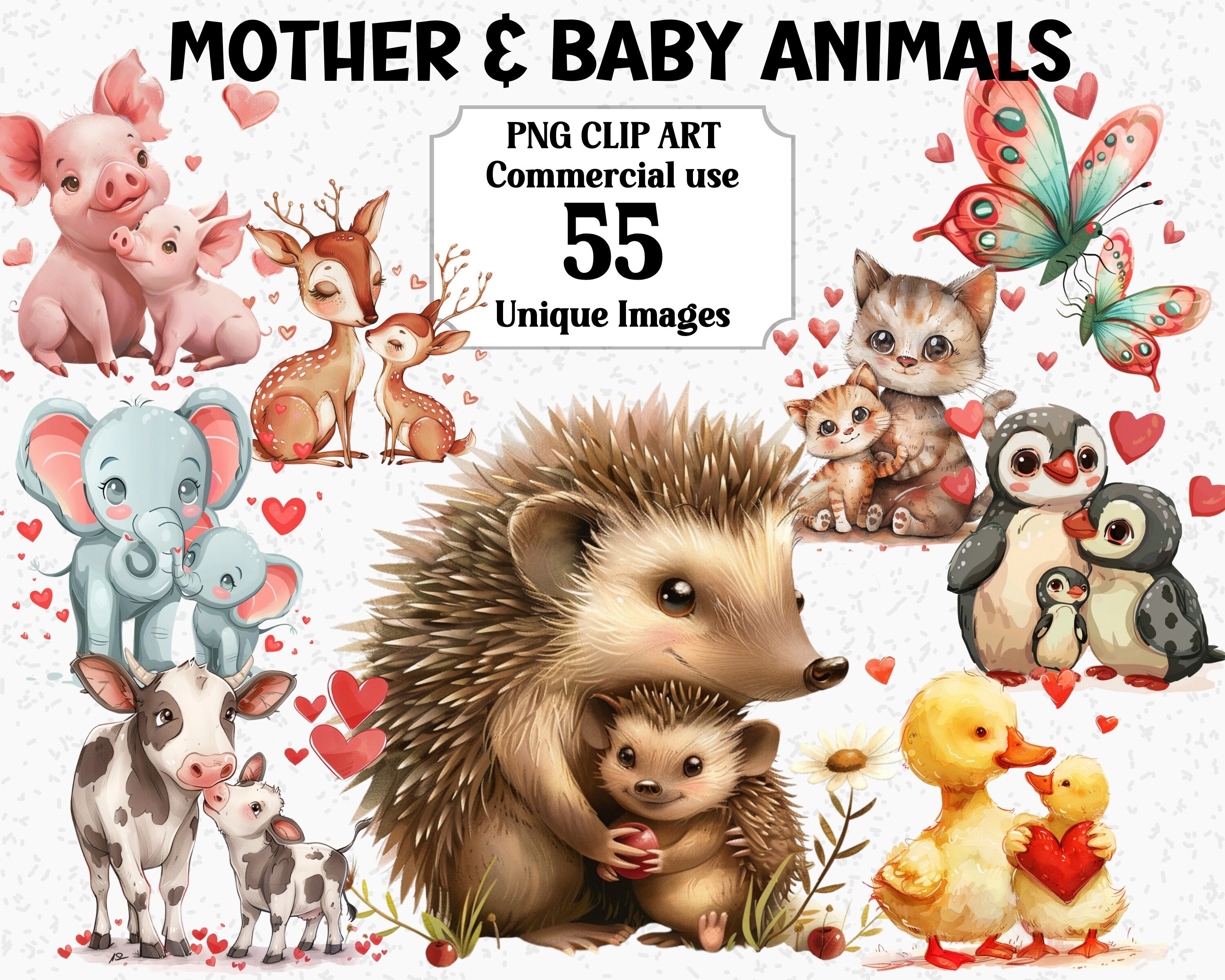 Mother & Baby Animals Watercolor Clipart, Mom Mum Dog Cat Duck Lion ...