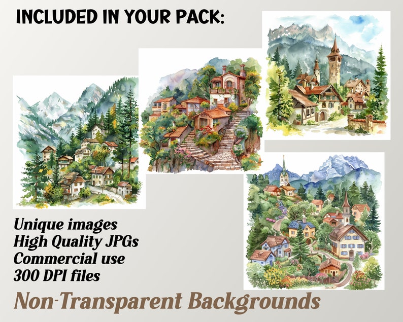 Mountain Villages Watercolor Houses Clipart Scenes, Fantasy Town ...