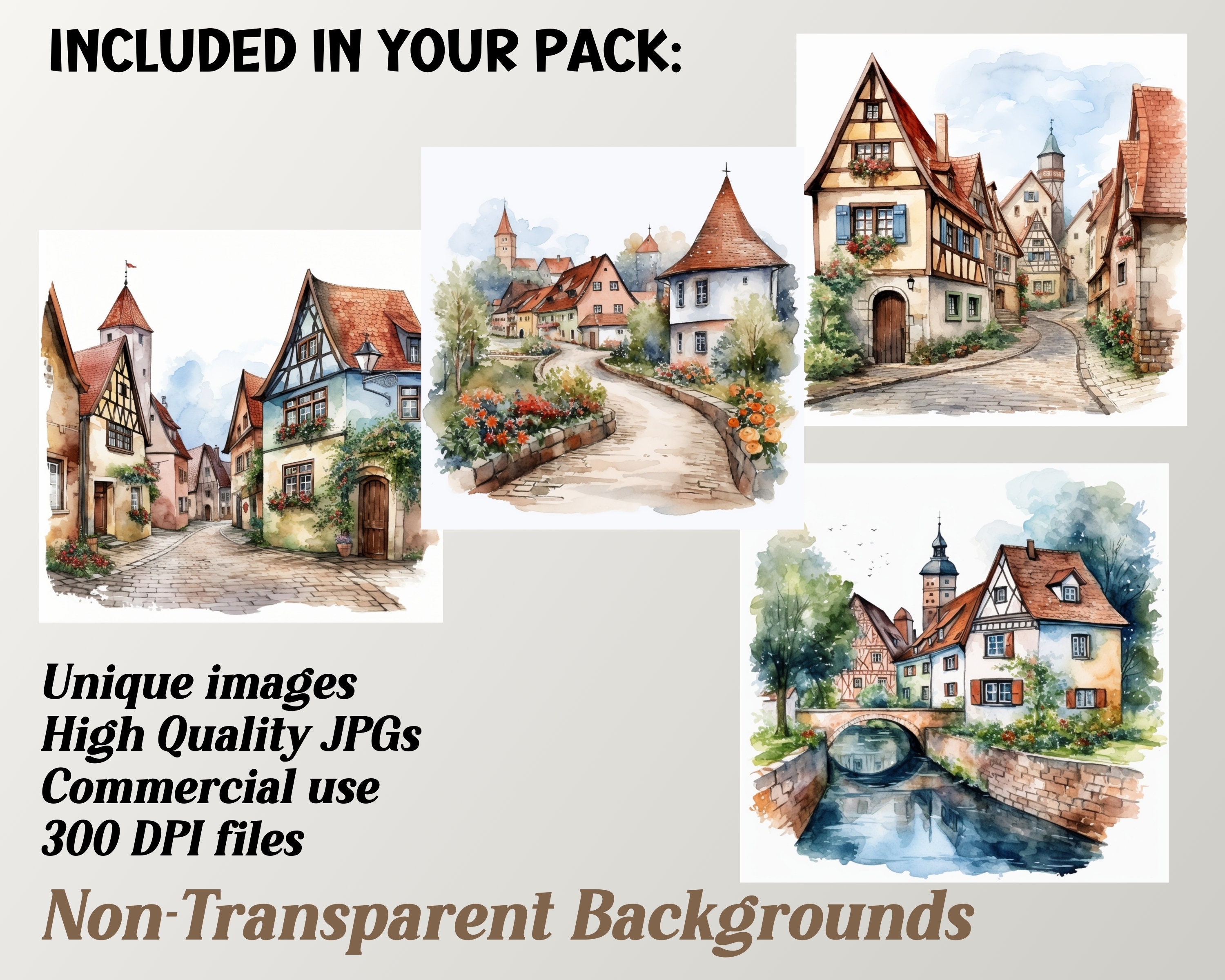 Quaint German Villages Watercolor Clipart Scenes, Fantasy Town Digital ...