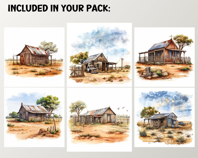 Outback Shacks Watercolor Clipart Scenes, Digital & Paper Craft ...