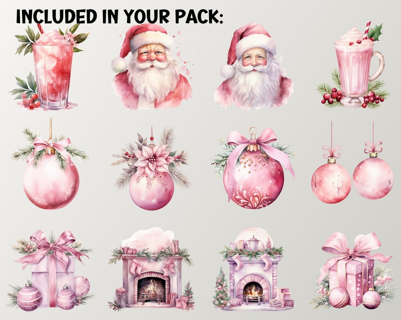 Pastel Pink Christmas Watercolor Clipart Decorations Bundle, Digital ...