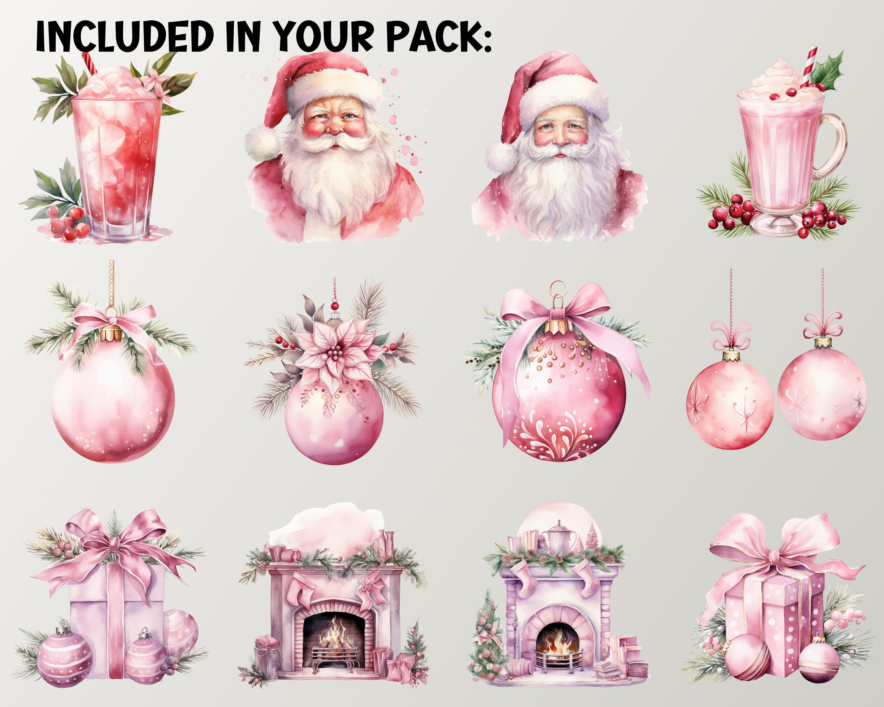 Pastel Pink Christmas Watercolor Clipart Decorations Bundle, Digital ...