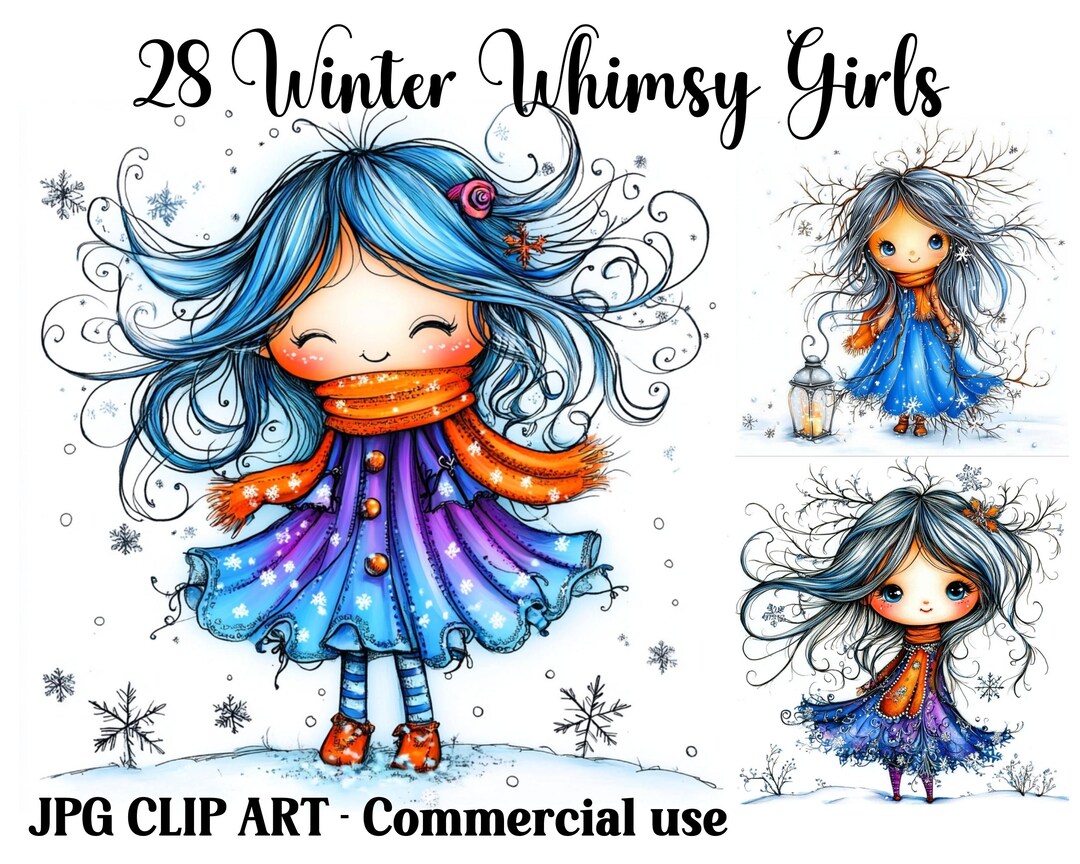 28 Winter Whimsy Girls Clipart, Digital/paper Craft Cards, Instant ...