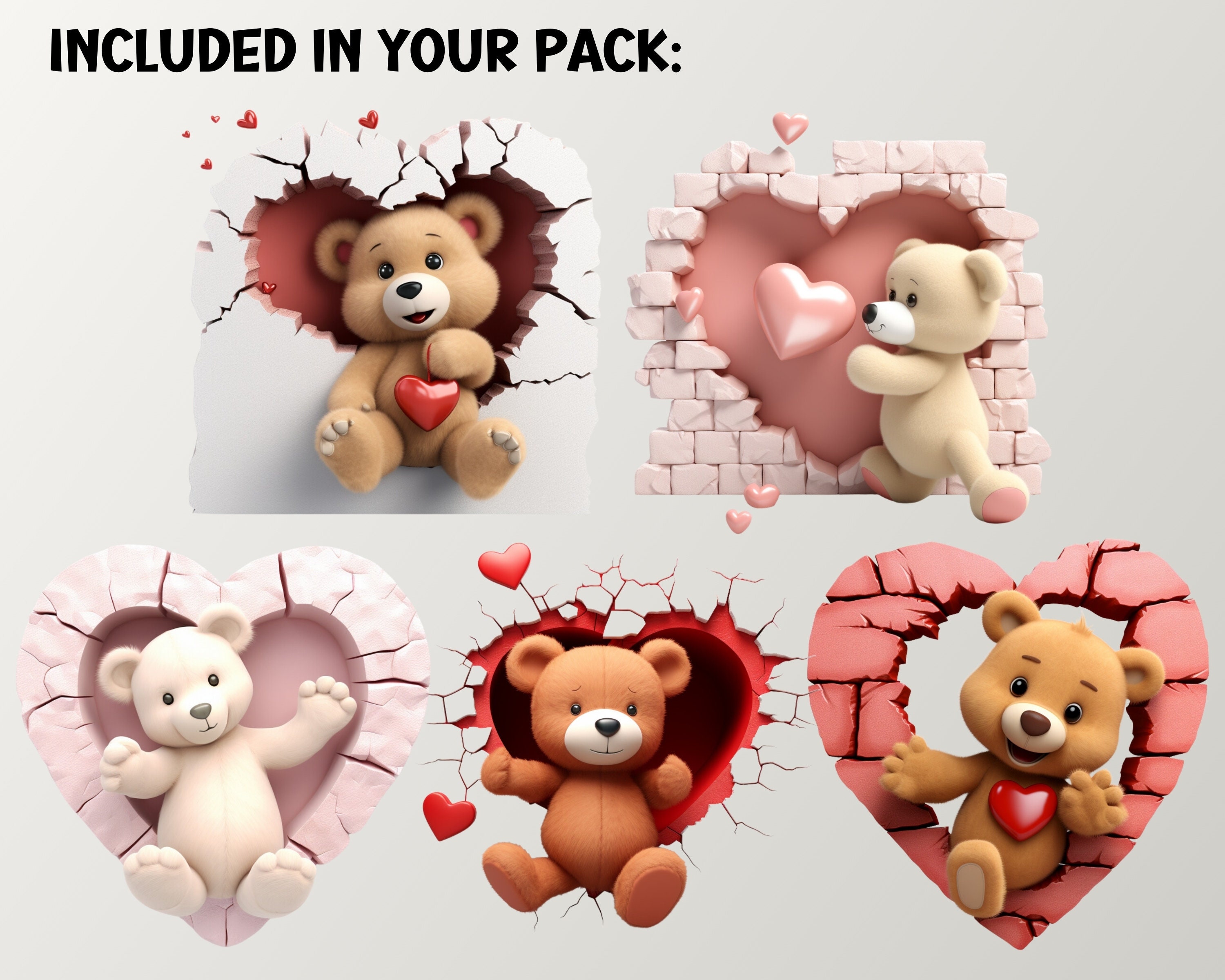 Valentines Day Bears, 3D Style Watercolor Clipart, Breakthrough Wall ...