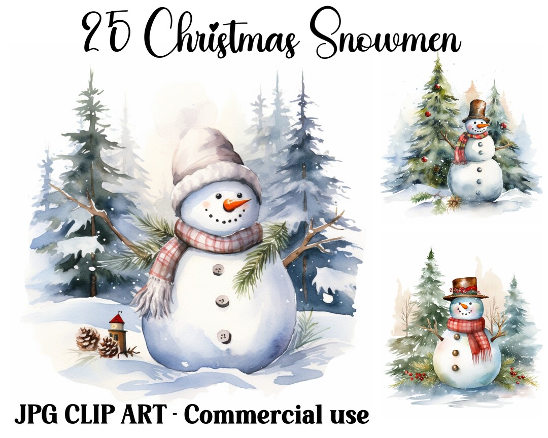 Christmas Snowmen Winter Scenes Watercolor Clipart, Digital & Paper ...