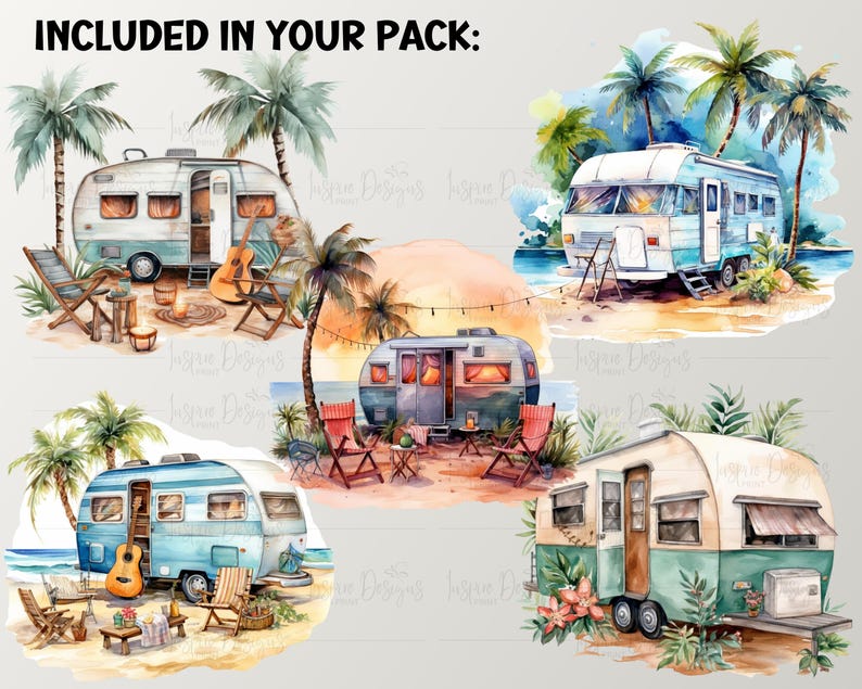 Watercolor Clipart Beach Caravan Scenes Digital Camping Trailor ...