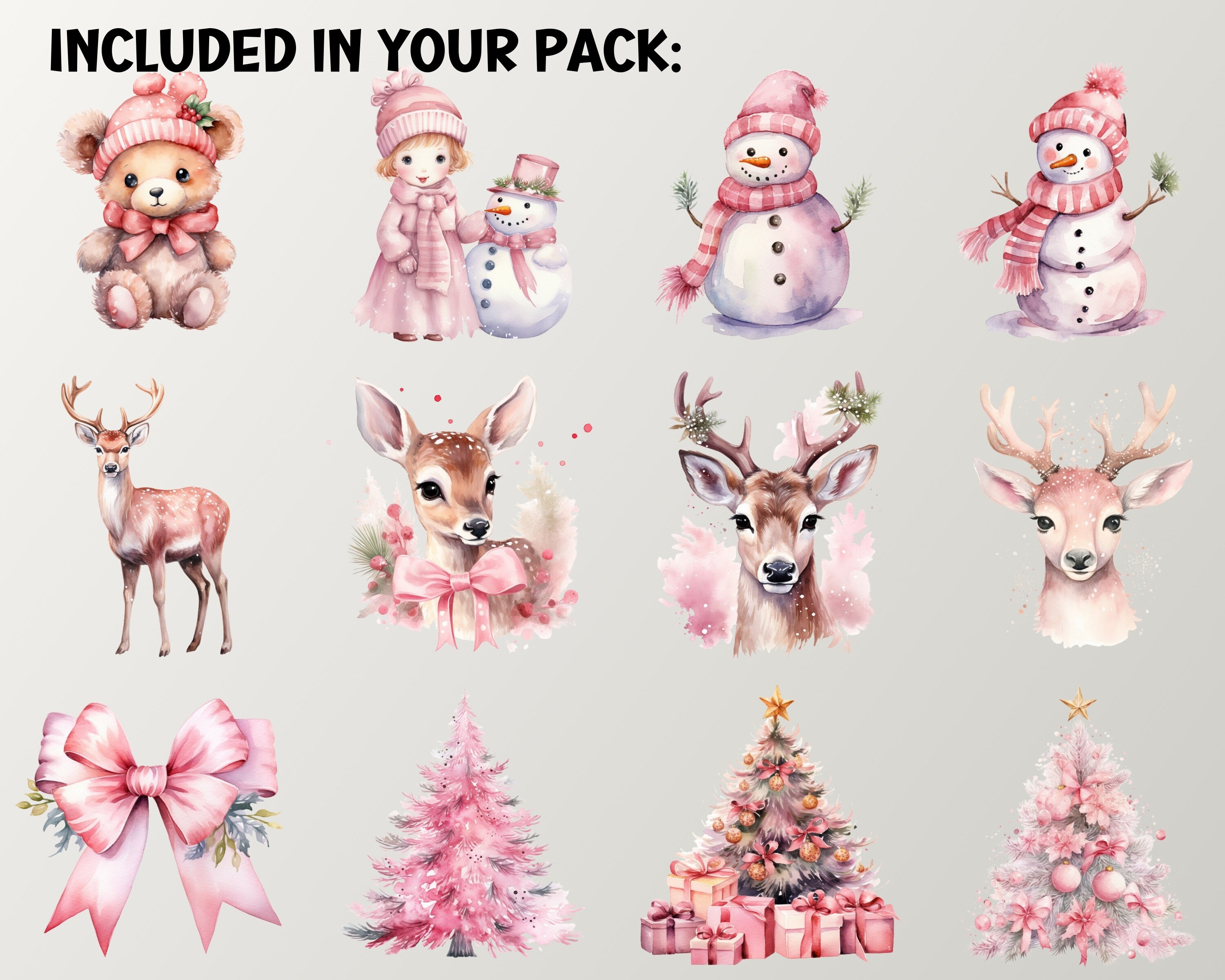 Pastel Pink Christmas Watercolor Clipart Decorations Bundle, Digital ...