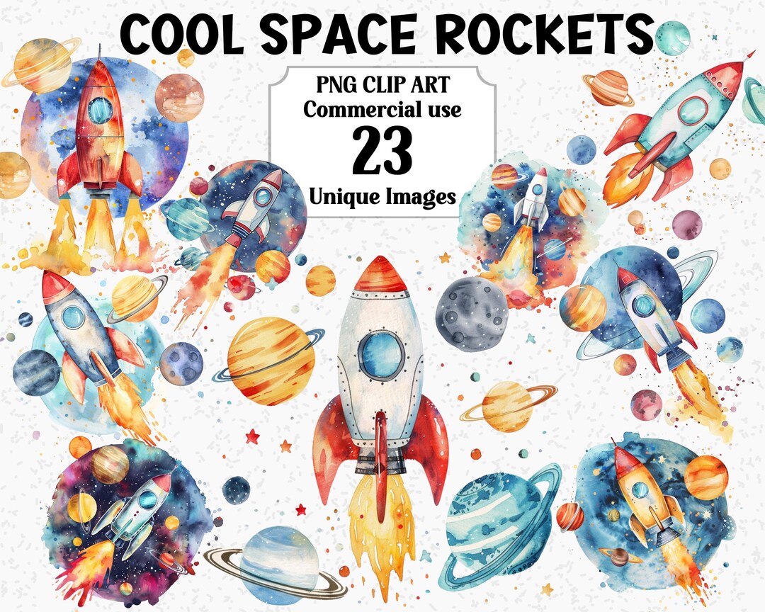 Cool Space Rockets Watercolor Clipart, Instant Download Commercial Use ...