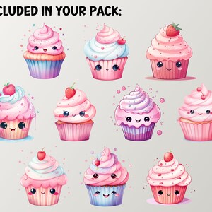 Cute Kawaii Cupcakes Watercolor Clipart, Craft Sublimation Decorations ...