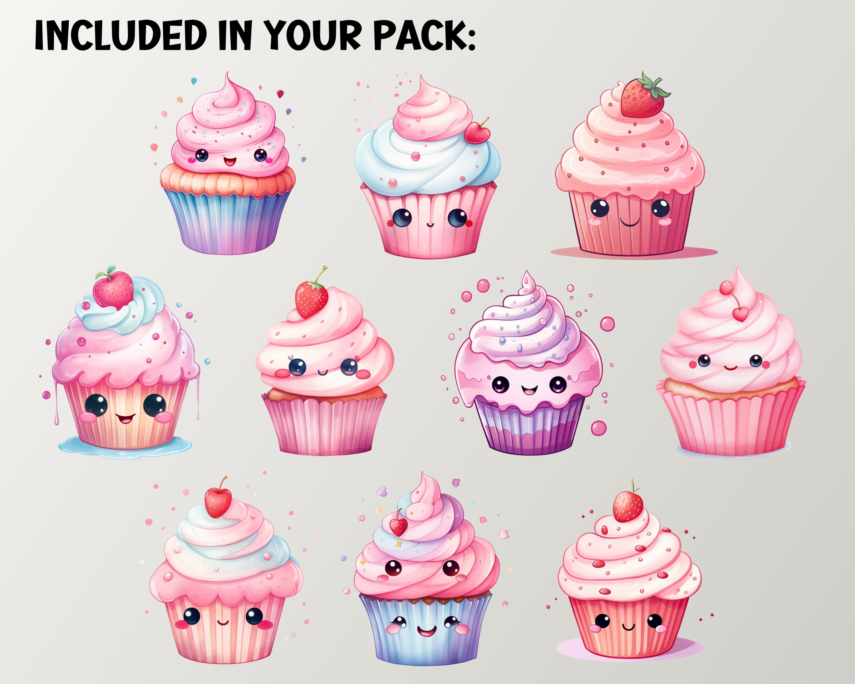 Cute Kawaii Cupcakes Watercolor Clipart, Craft Sublimation Decorations ...