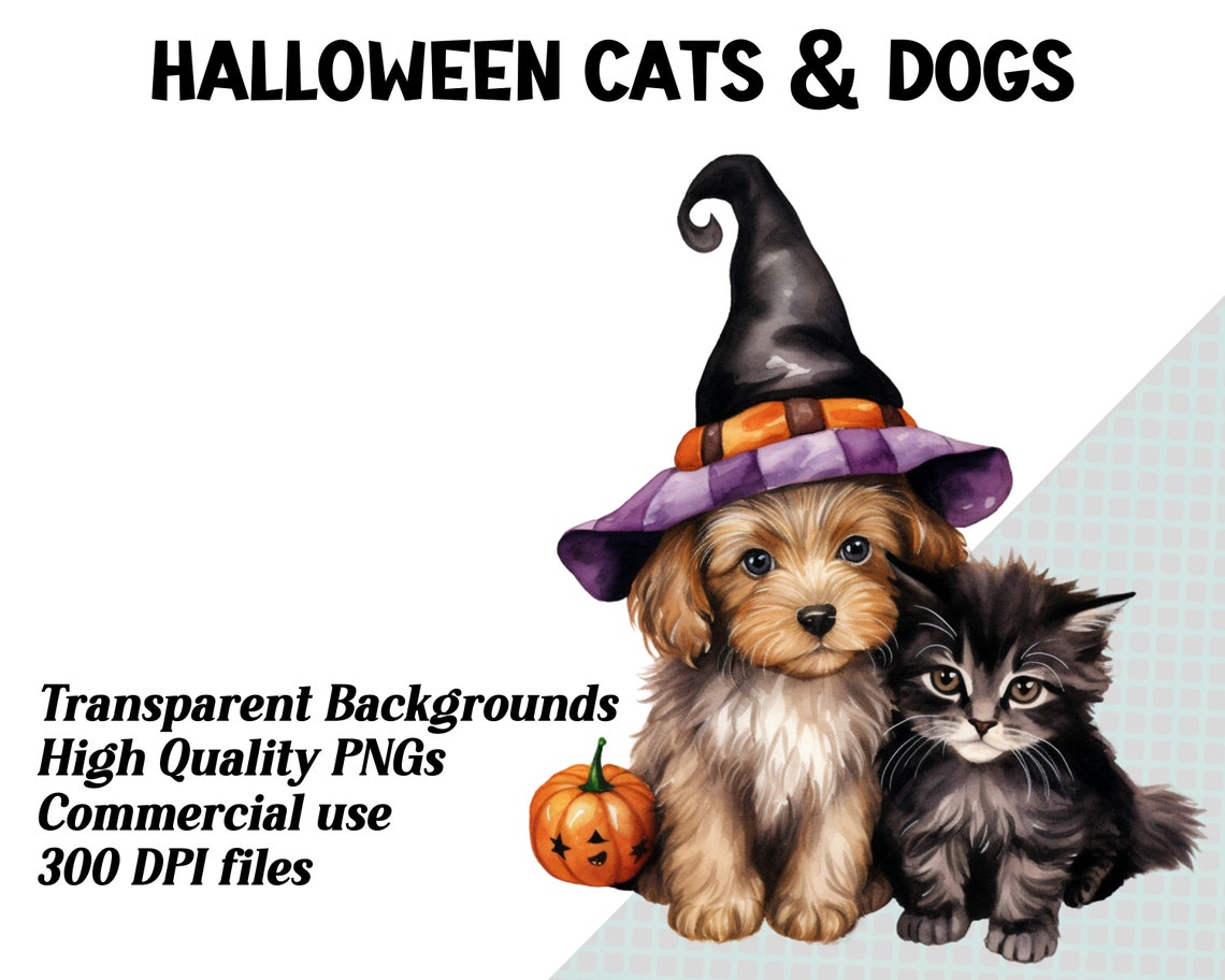 Halloween Cats & Dogs Watercolor Clip Art, Digital Paper Crafts Puppy ...