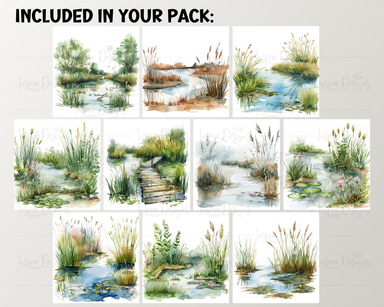 Watercolor Wetlands Grass Swamp Clipart Scenes, Fantasy Nature Digital ...