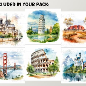 World Landmarks Watercolor Clipart, Digital & Paper Craft Iconic Scenes ...