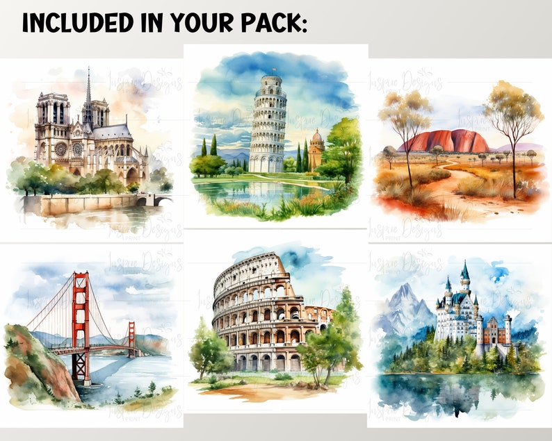 World Landmarks Watercolor Clipart, Digital & Paper Craft Iconic Scenes ...