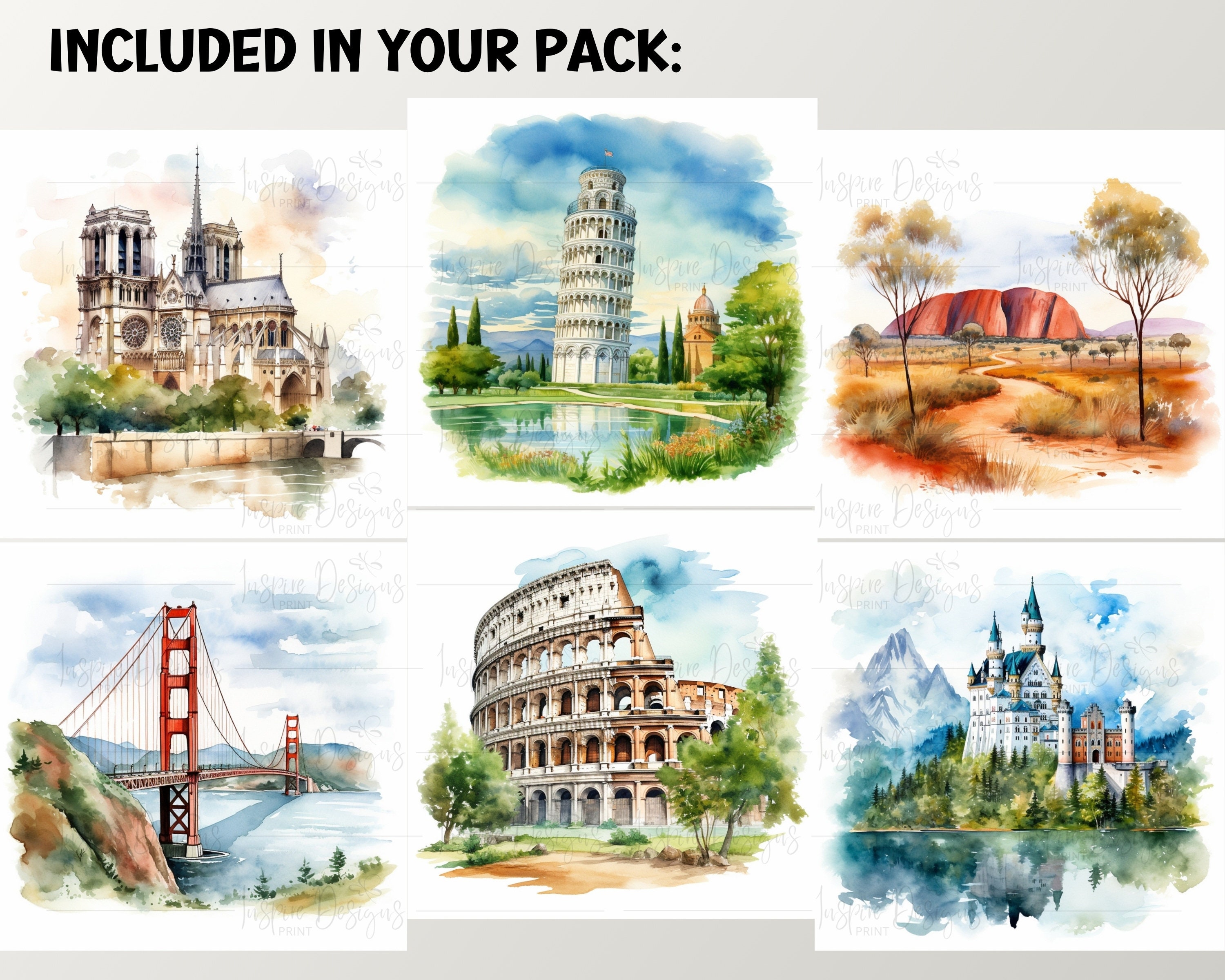 World Landmarks Watercolor Clipart, Digital & Paper Craft Iconic Scenes ...