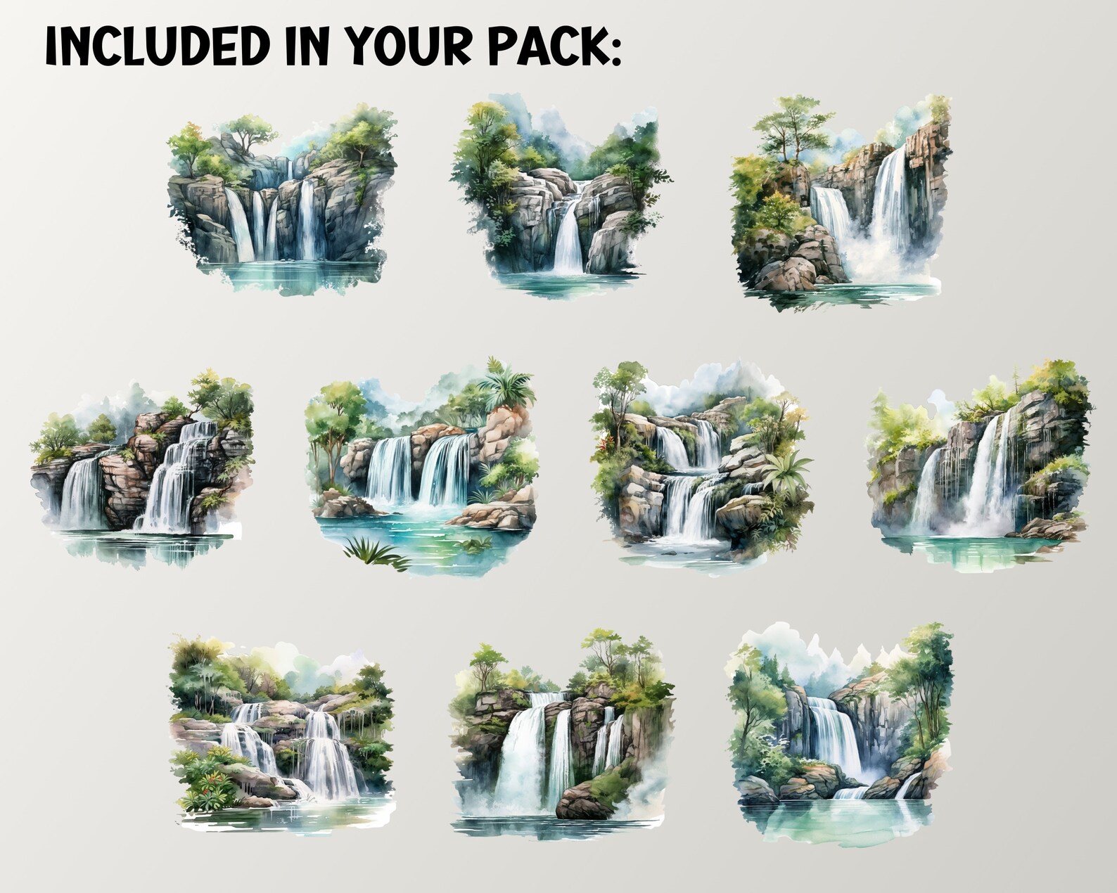 Scenic Waterfalls Watercolor Forest Landscape Scenes Clipart ...