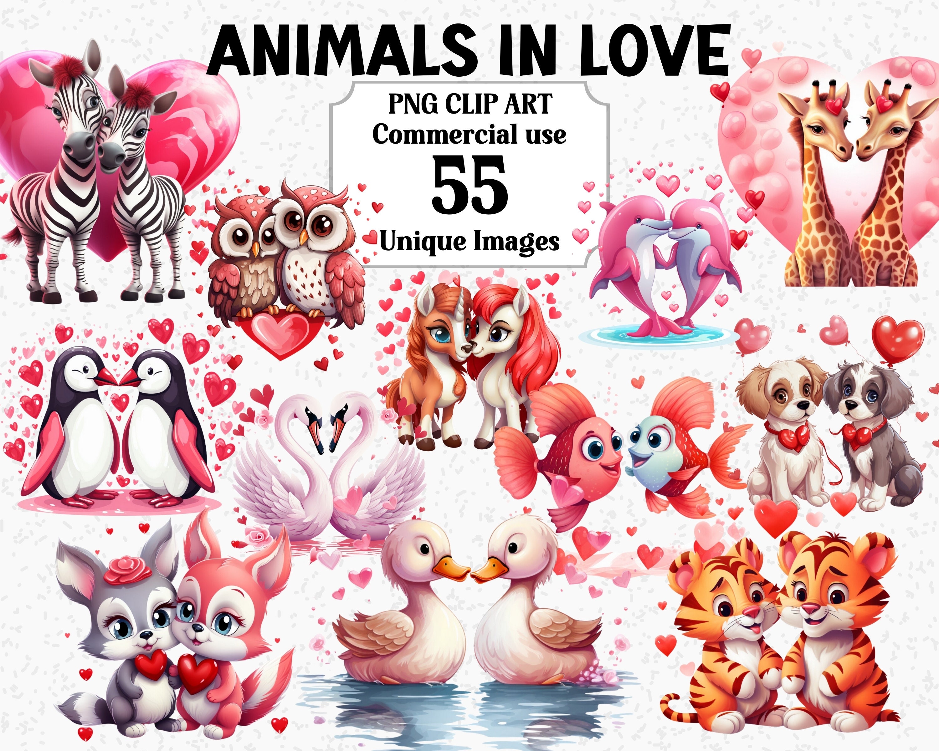 Animals in Love Watercolor Clipart, Valentines Day Cards Craft, Instant ...