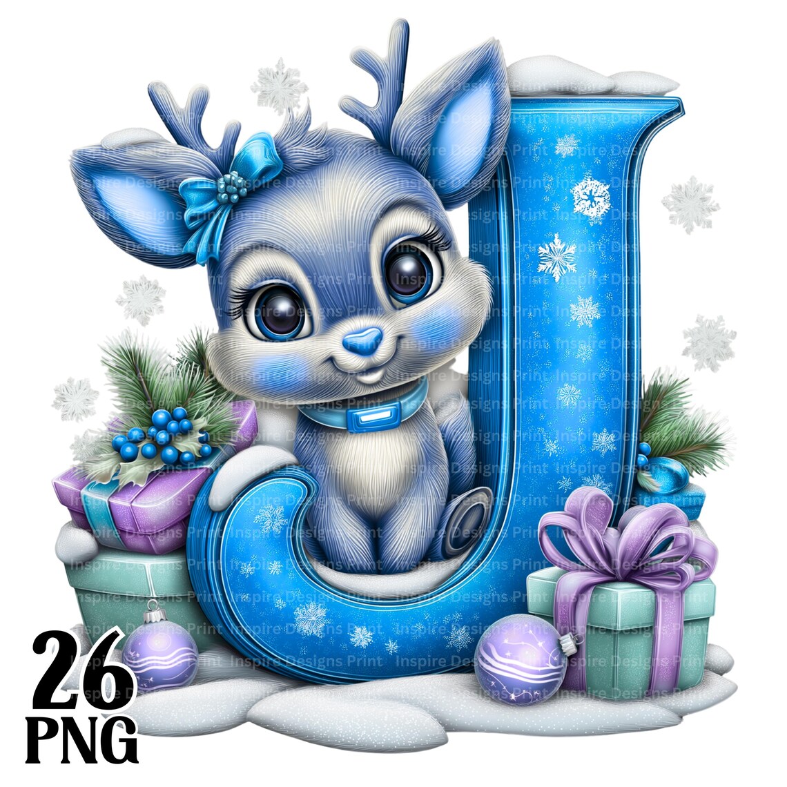 Blue Reindeer Christmas Letters Clipart, Custom Initial Ornament ...