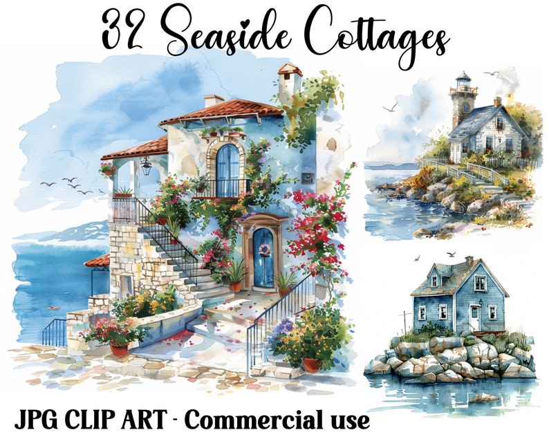 Seaside Cottages Watercolor Clipart Scenes, Coastal Ocean Houses ...