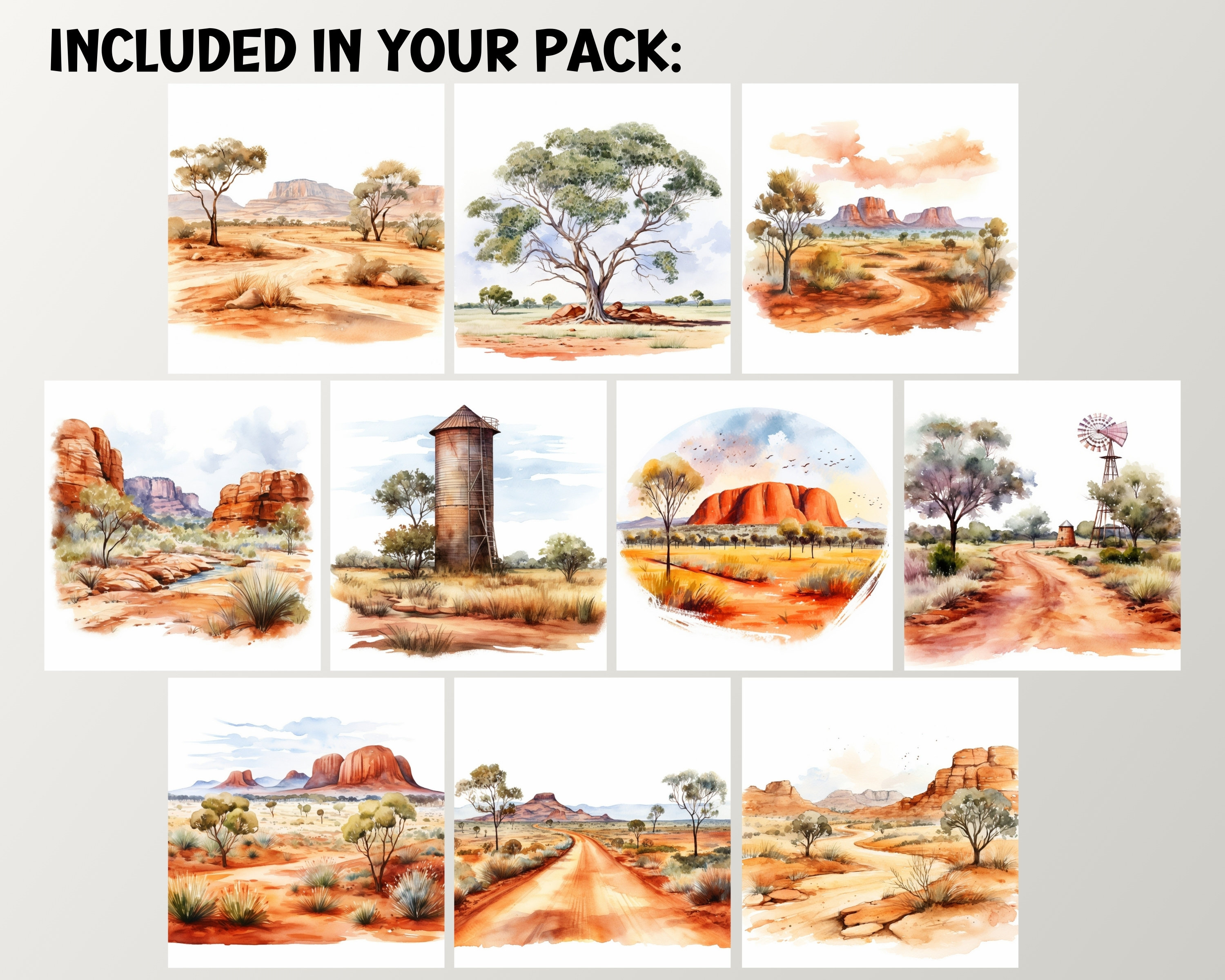 Outback Australia Watercolor Clipart Scenes, Digital & Paper Craft ...