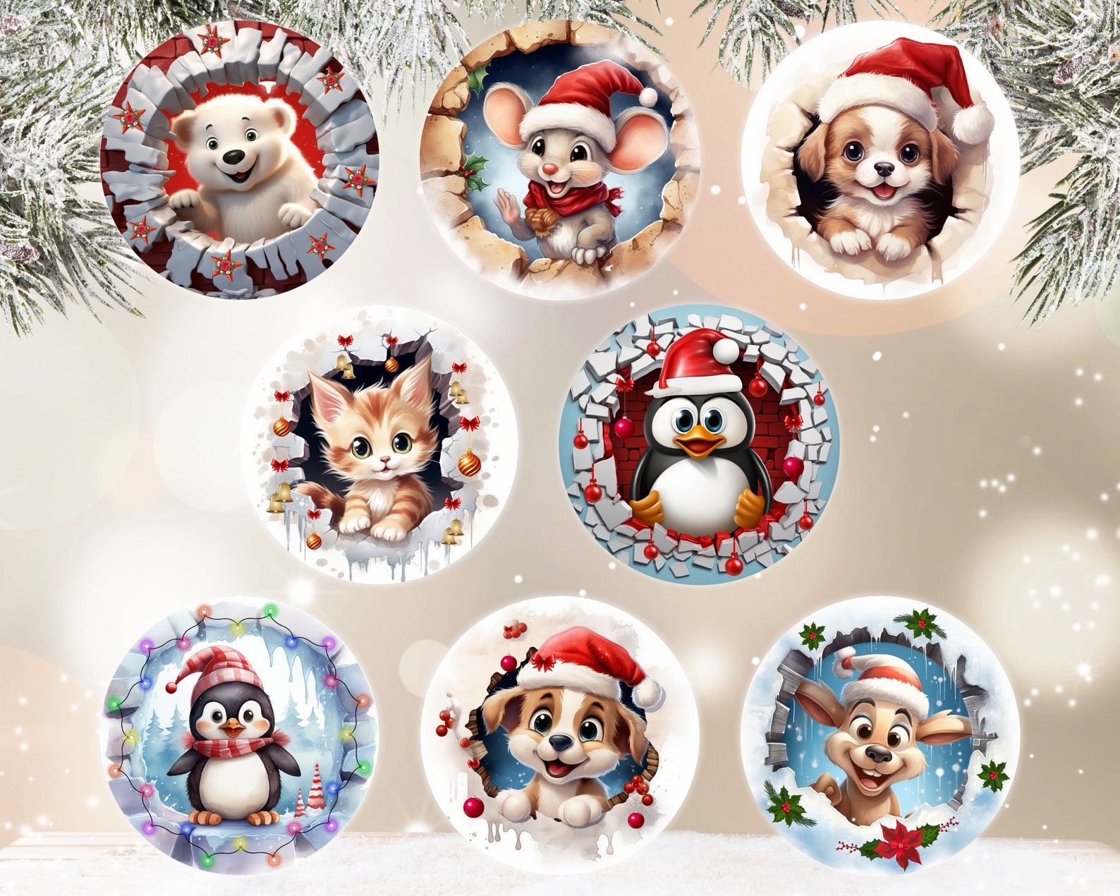 3D Cute Animals Christmas Break Through Ornament, Instant Download ...