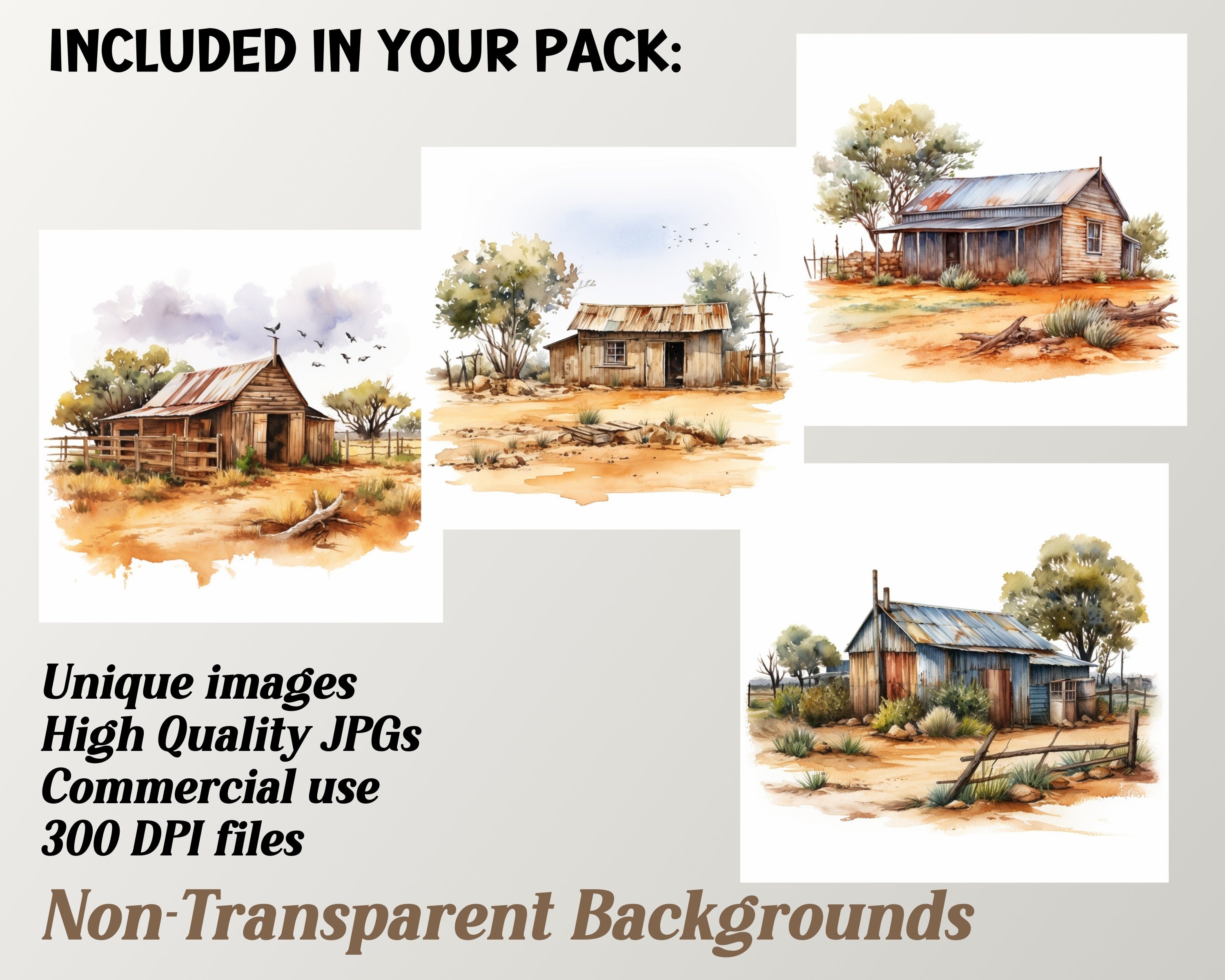 Outback Shacks Watercolor Clipart Scenes, Digital & Paper Craft ...