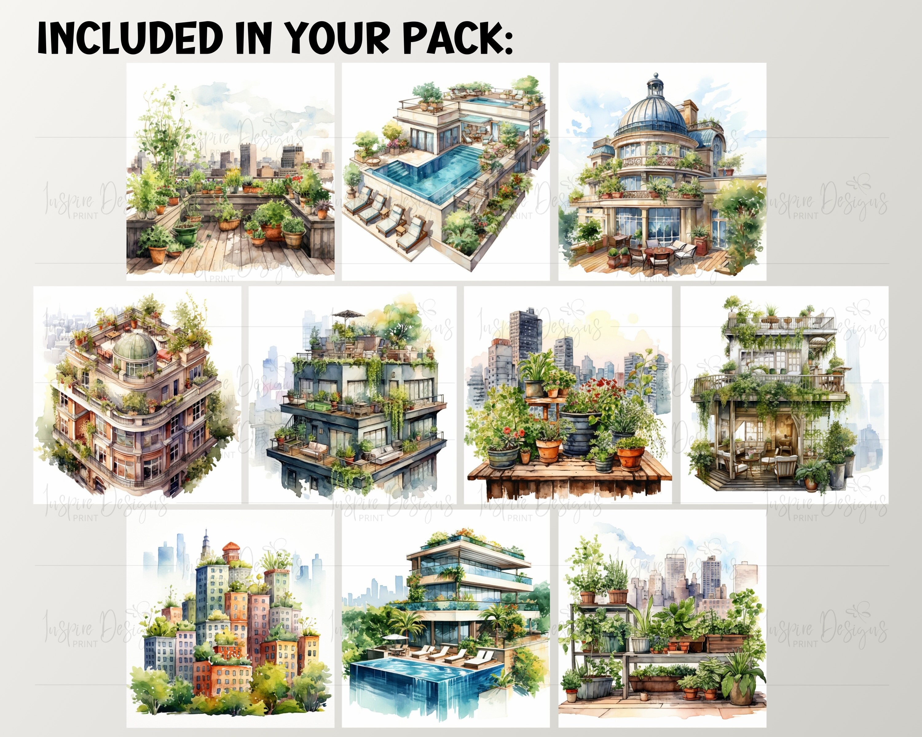 Urban Rooftop Gardens Watercolor Clipart Scenes, City Buildings Digital ...