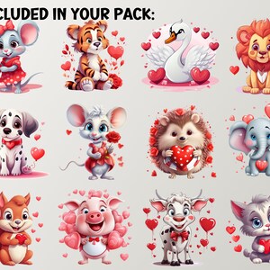 Cartoon Animals Valentines Day Watercolor Clipart, Cards Craft, Instant ...