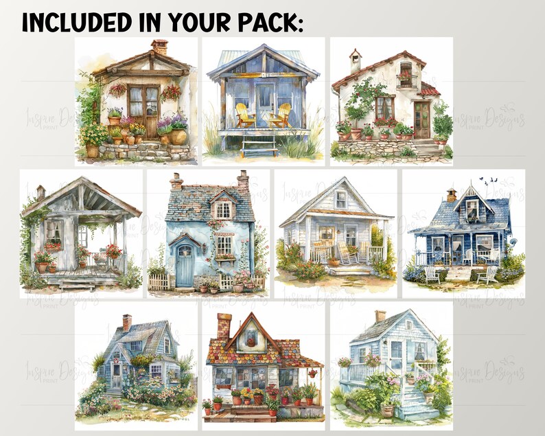Quaint Cottages Watercolor Clipart Scenes, Fantasy Village House ...