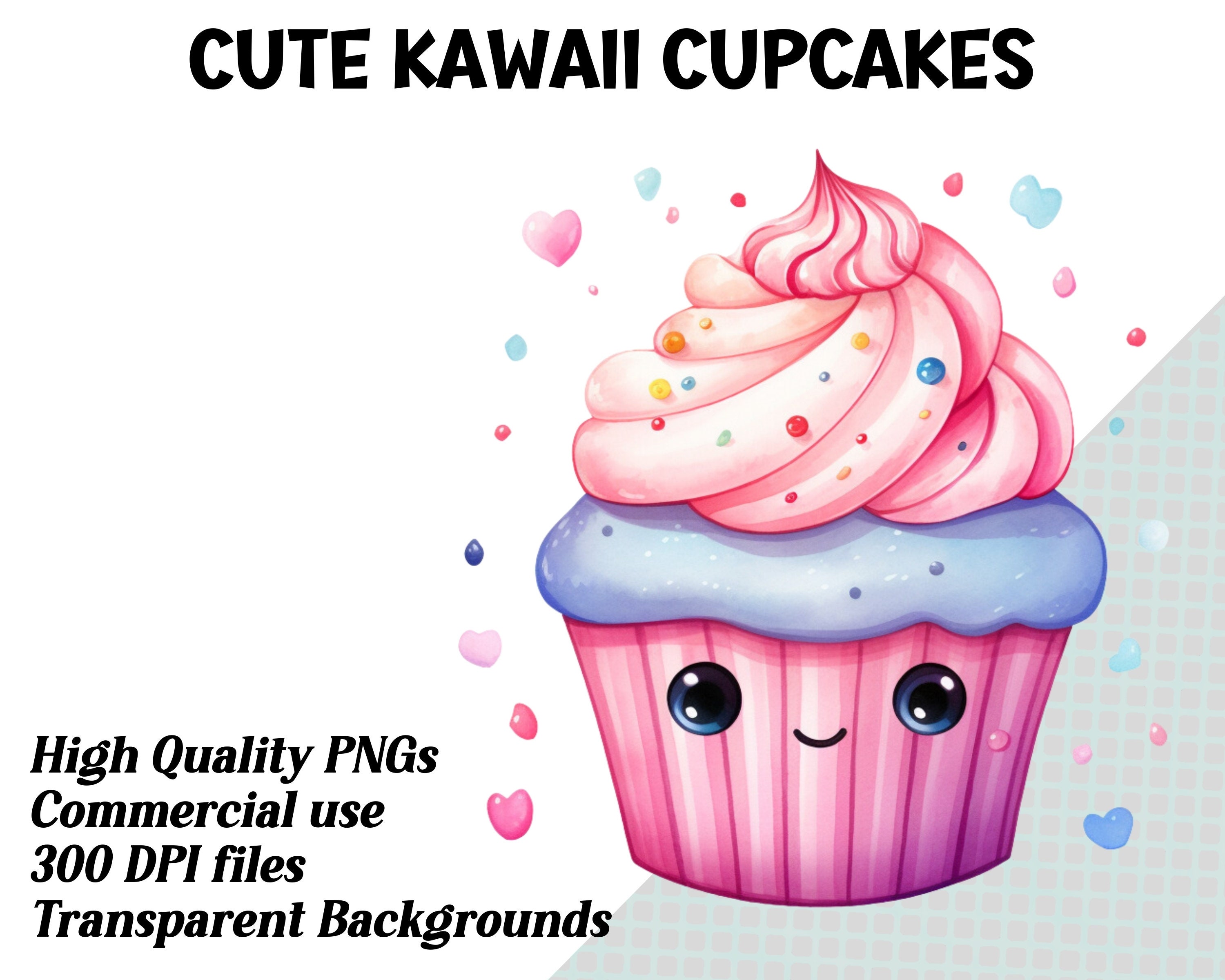 Cute Kawaii Cupcakes Watercolor Clipart, Craft Sublimation Decorations ...