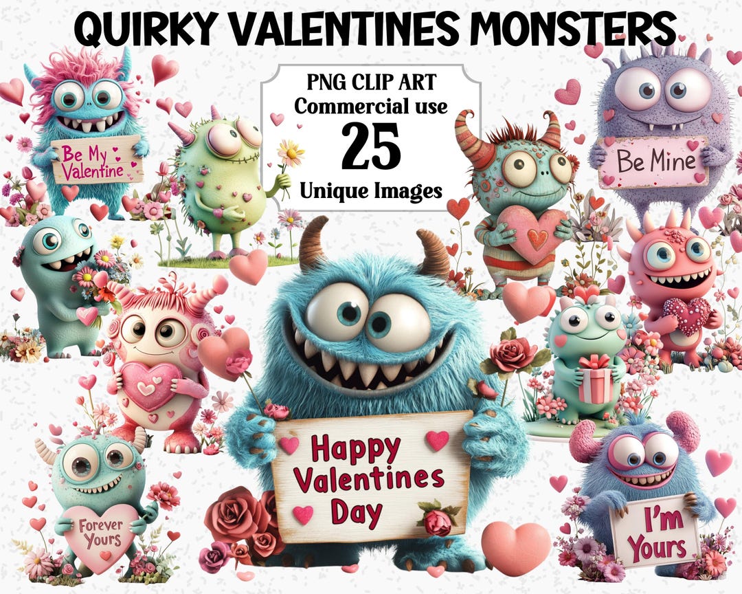 Quirky Valentines Monsters Clipart, Valentine's Day Love Crafts, Fun ...