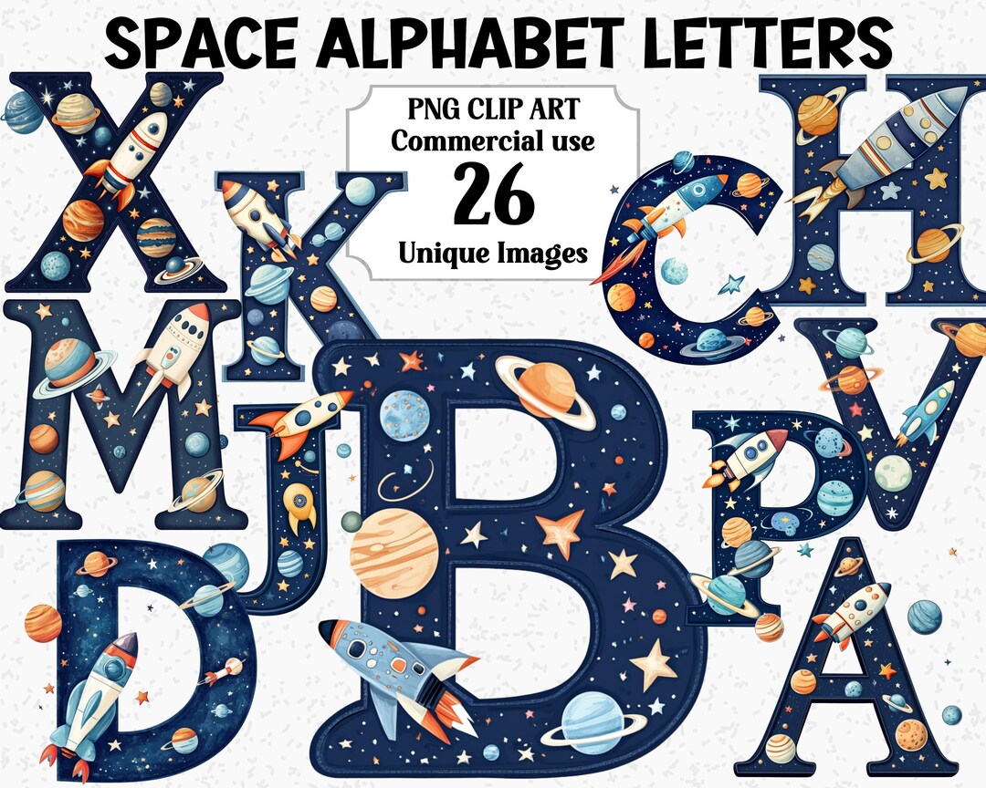 Space Alphabet Letters Clipart Navy Blue Planets Boys & Girls Digital ...